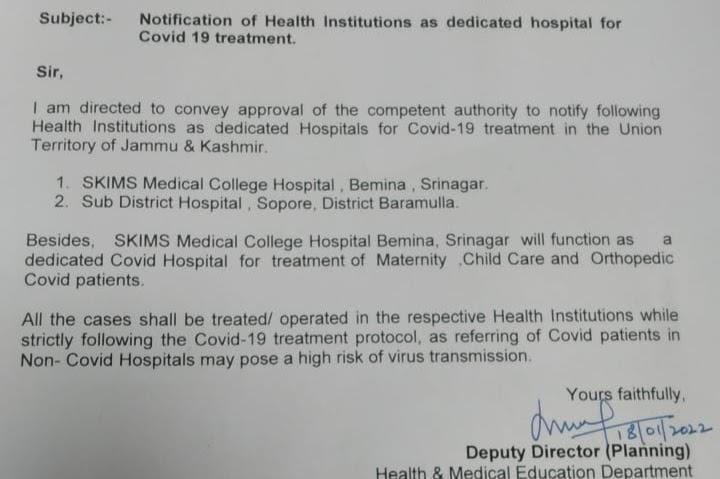 Govt Declares SKIMS Bemina, SDH Sopore As ‘Dedicated Hospitals’ For ...